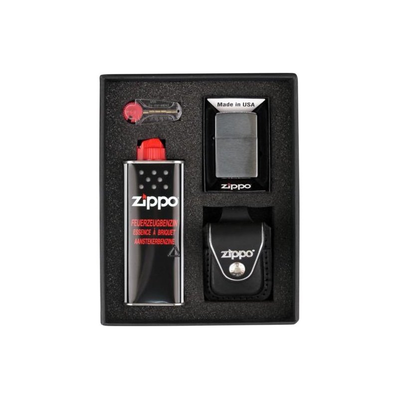 Set bricheta Zippo Chrome Brushed Set Black cumpar zippo set cadou Zippo